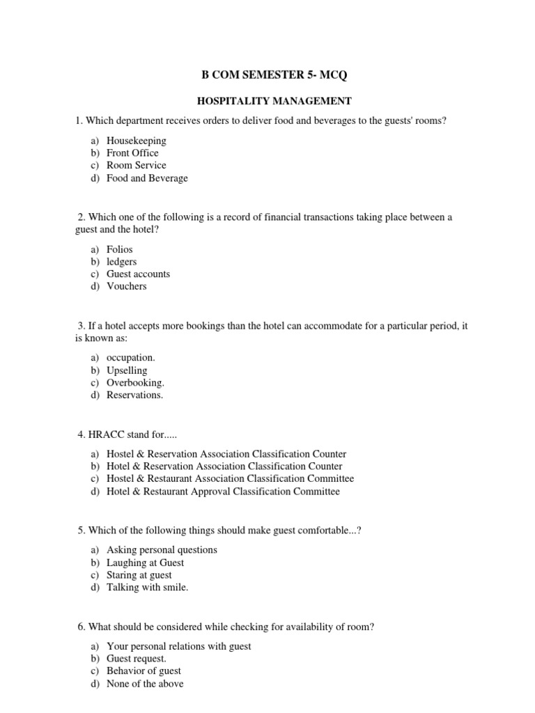 Hospitality Management MCQ Exam Guide | PDF | Hotel | Travel Agency