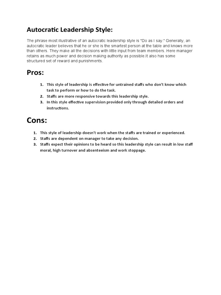 Autocratic Leadership: Pros and Cons | PDF