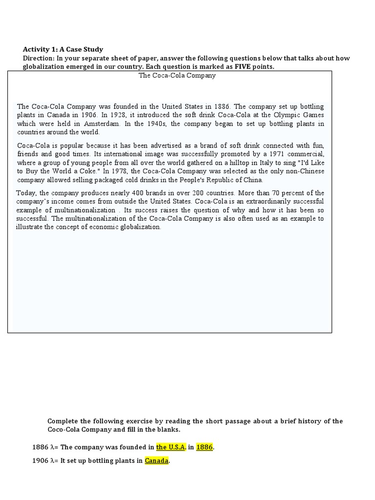 Activity 1: A Case Study | PDF | Globalization | Coca Cola