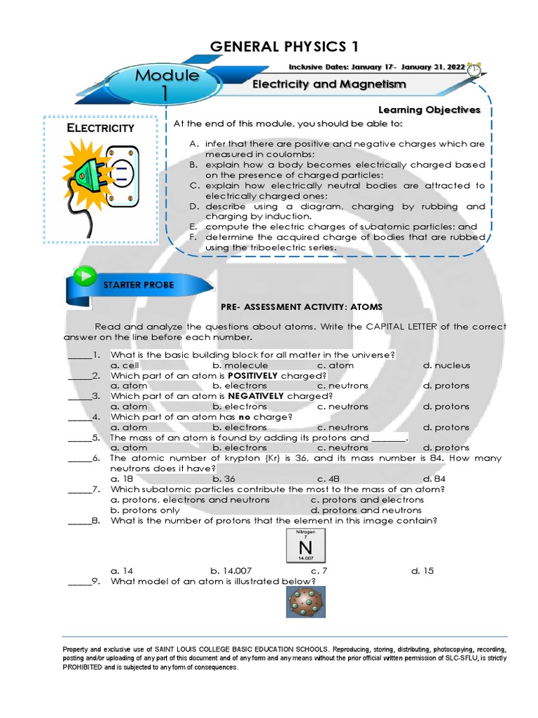 1) Gen - Physics 2-Module 1 | PDF | Atoms | Electric Charge