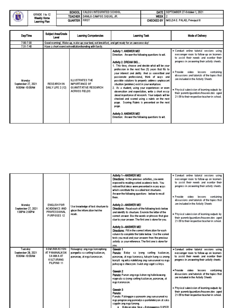 Weekly Home Learning Plan - Week 2 | PDF | Learning | Communication