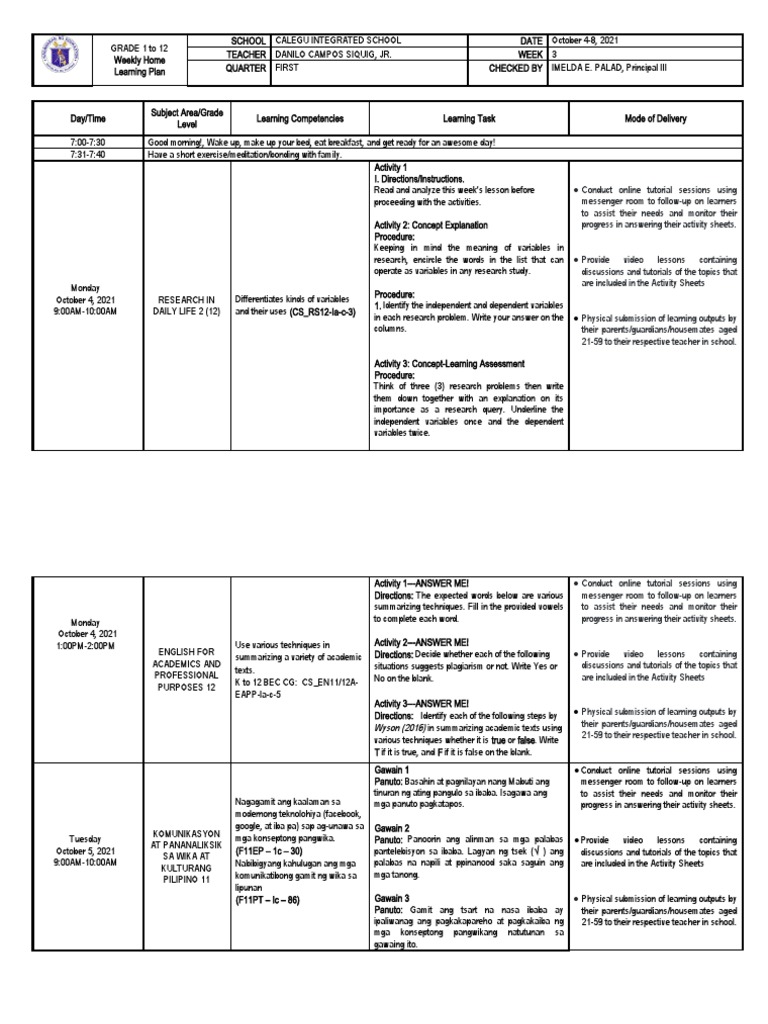 Weekly Home Learning Plan - Week 3 | PDF | Learning | Cognition