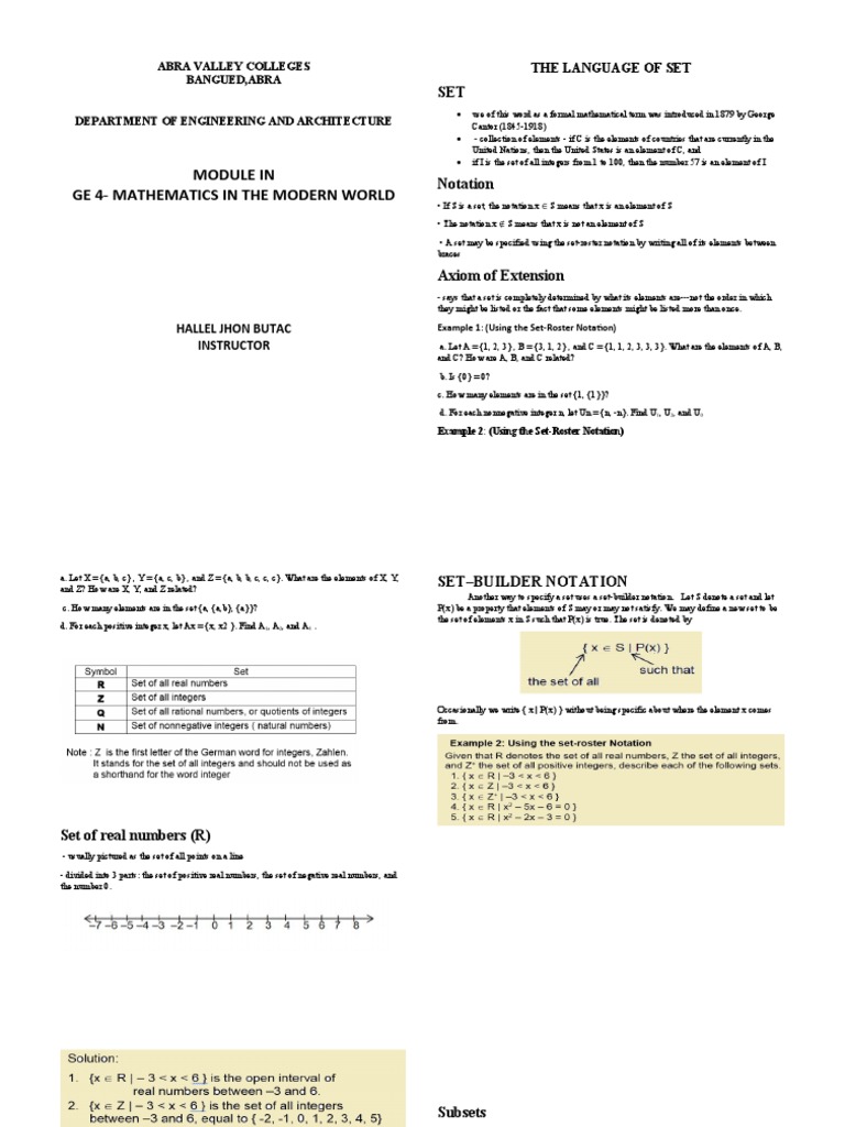 Module in Ge 4-Mathematics in The Modern World: The Language of Set ...