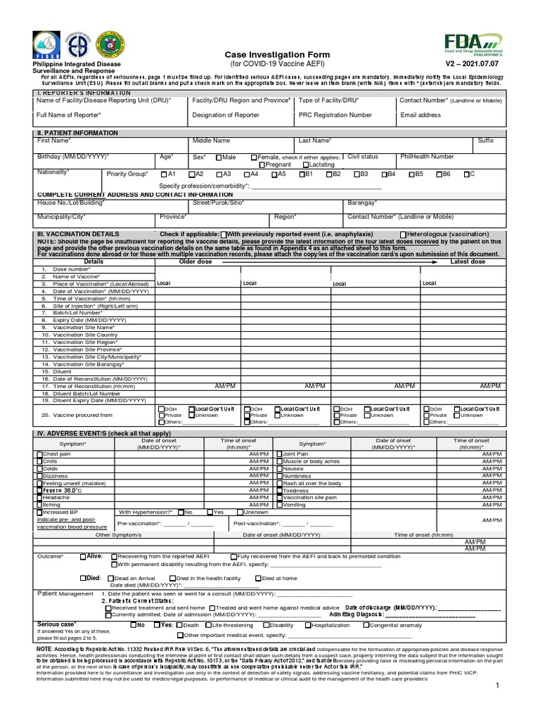 Case Investigation Form: (For COVID-19 Vaccine AEFI) | PDF | Syringe ...