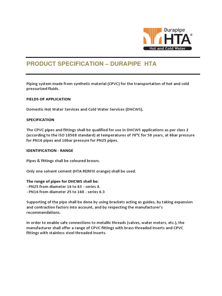 Durapipe HTA Product Specification | PDF | Pipe (Fluid Conveyance ...