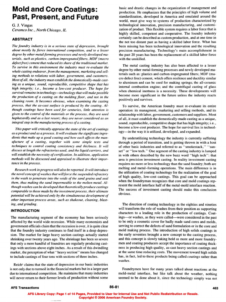 Mold and Core Coatings Past, Present, and Future | PDF | Foundry | Casting