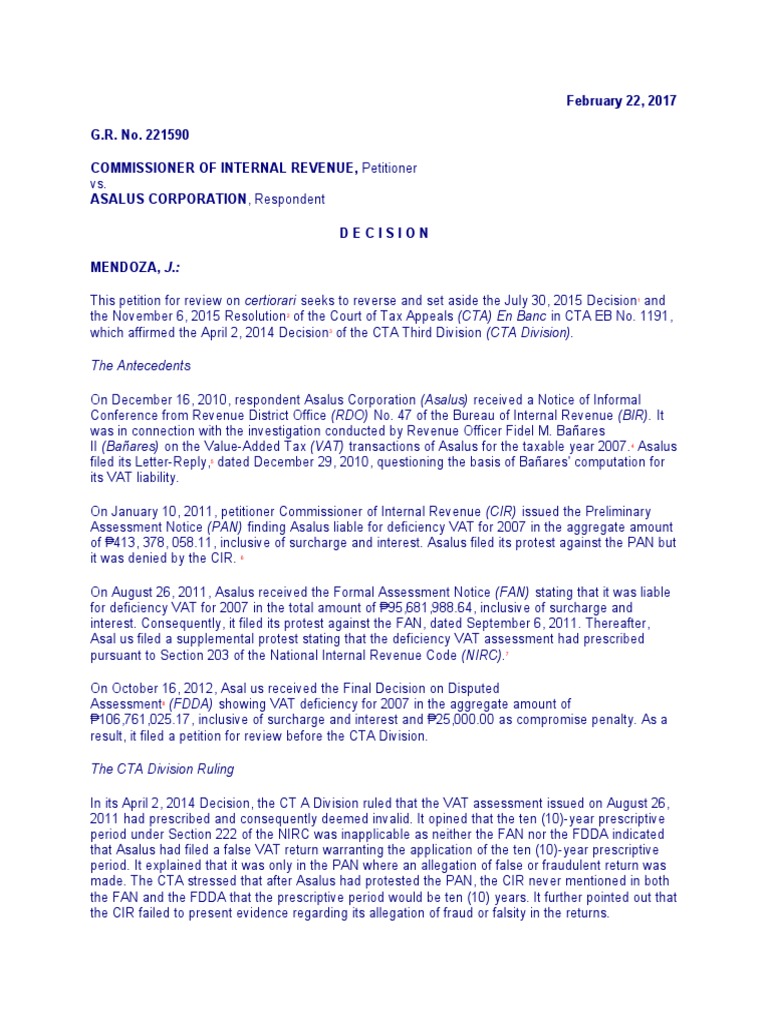 151.CIR Vs Asalus Corp | PDF | Fraud | Statute Of Limitations