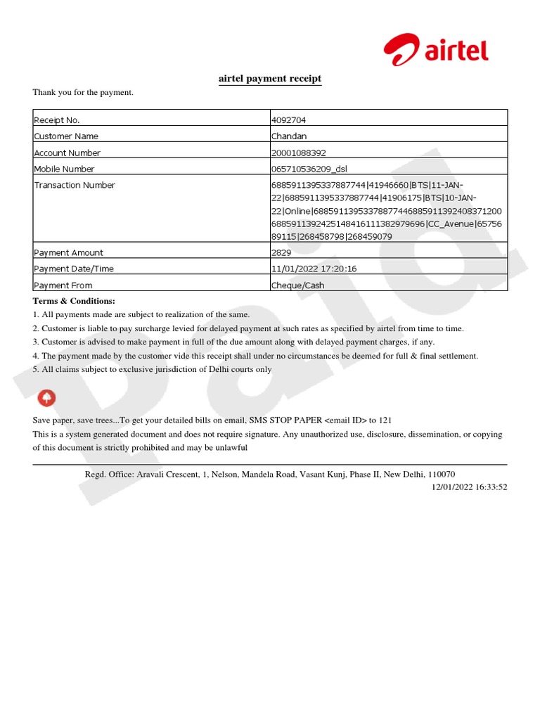 Airtel Payment Receipt: Terms & Conditions | PDF