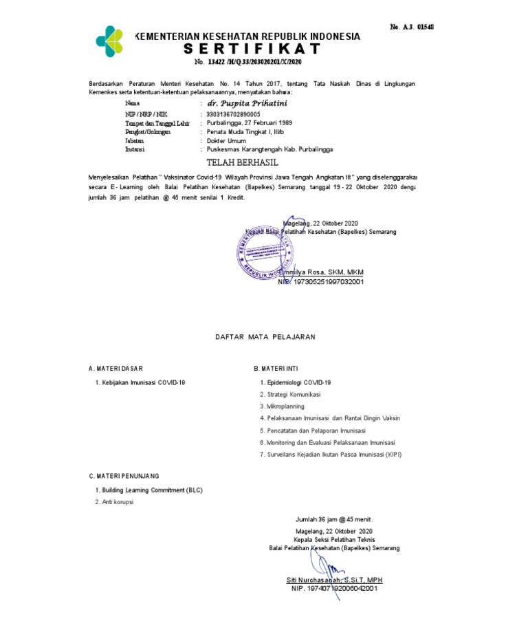 Sertifikat Pelatihan Vaksinator Covid-19 | PDF