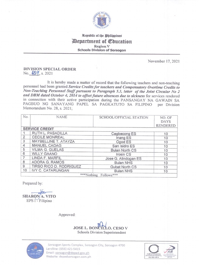 Service Credits For Teachers and Compensatory Overtime Credits To Non ...