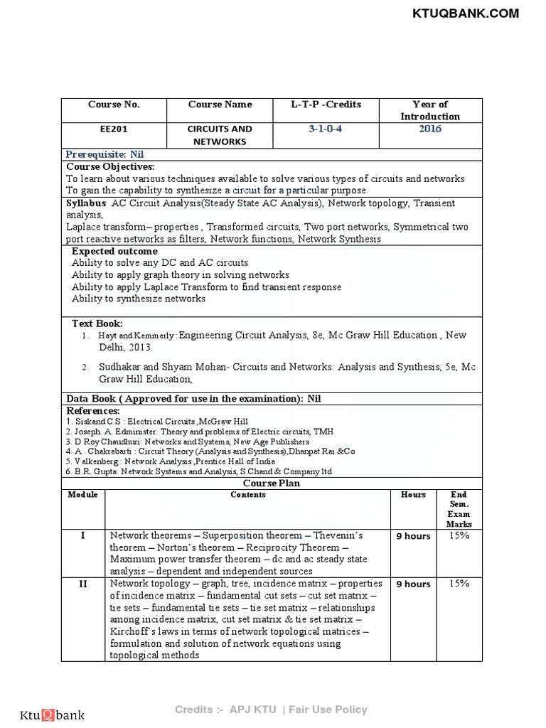 EE201 Circuits N Networks | PDF | Electrical Network | Electrical Engineering