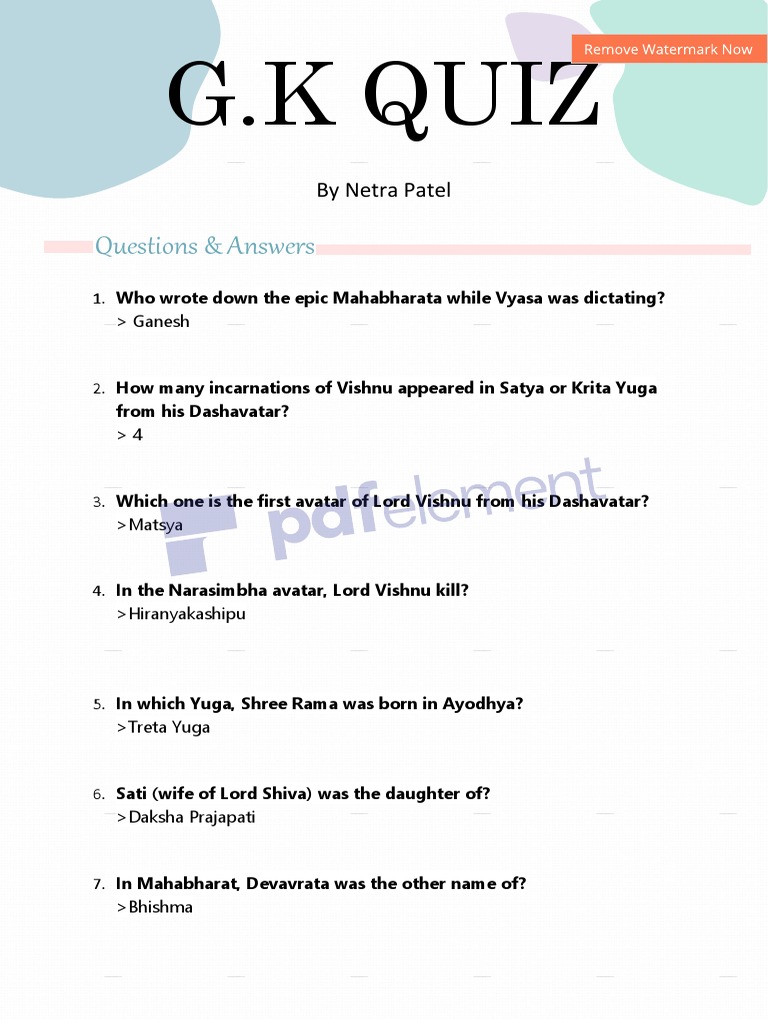 Hindu Mythology Quiz with Answers | PDF | Sita | Hindu Literature