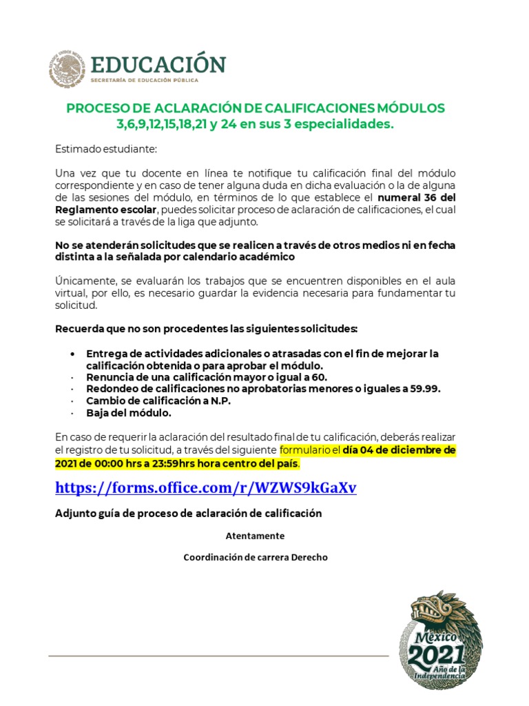 Aclaración de Calificaciones UnADM 2021 | PDF