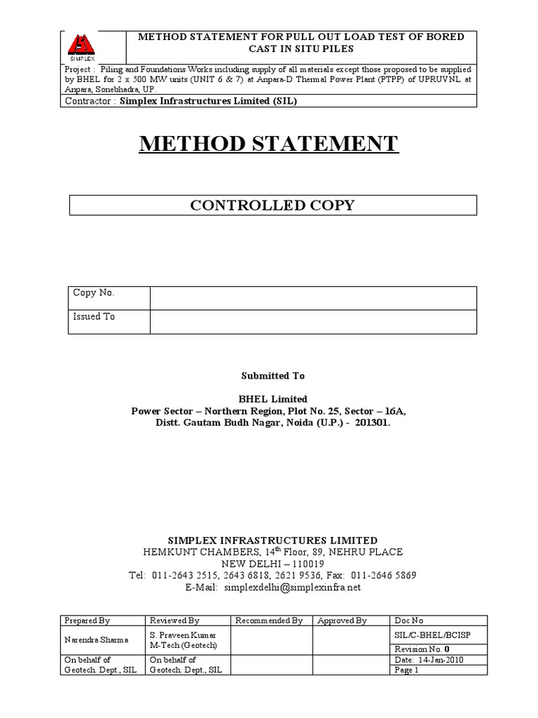 Method Statement of Pull Out Load Test (BHEL ANPARA) | PDF | Deep ... Method Statement of Pull Out Load Test (BHEL ANPARA) | PDF | Deep ...