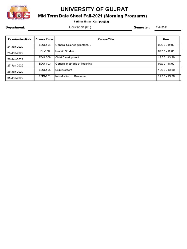 Mid Term Date Sheet Fall-2021 (Morning Programs) | PDF | Biotechnology ...