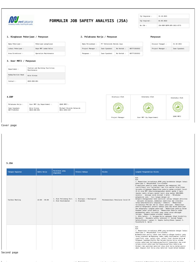 Formulir Job Safety Analysis (Jsa) : 1. Ringkasan Pekerjaan / Penyusun ...