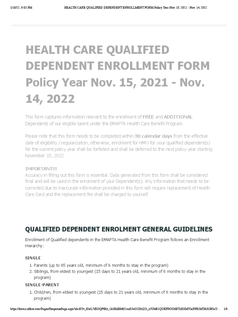 HEALTH CARE QUALIFIED DEPENDENT ENROLLMENT FORM Policy Year Nov. 15, 2021 - Nov. 14, 2022 | PDF ...