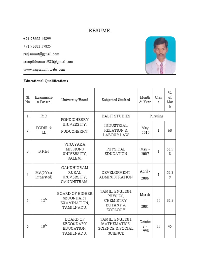 Resume of Ranjith | PDF | Tamil Nadu