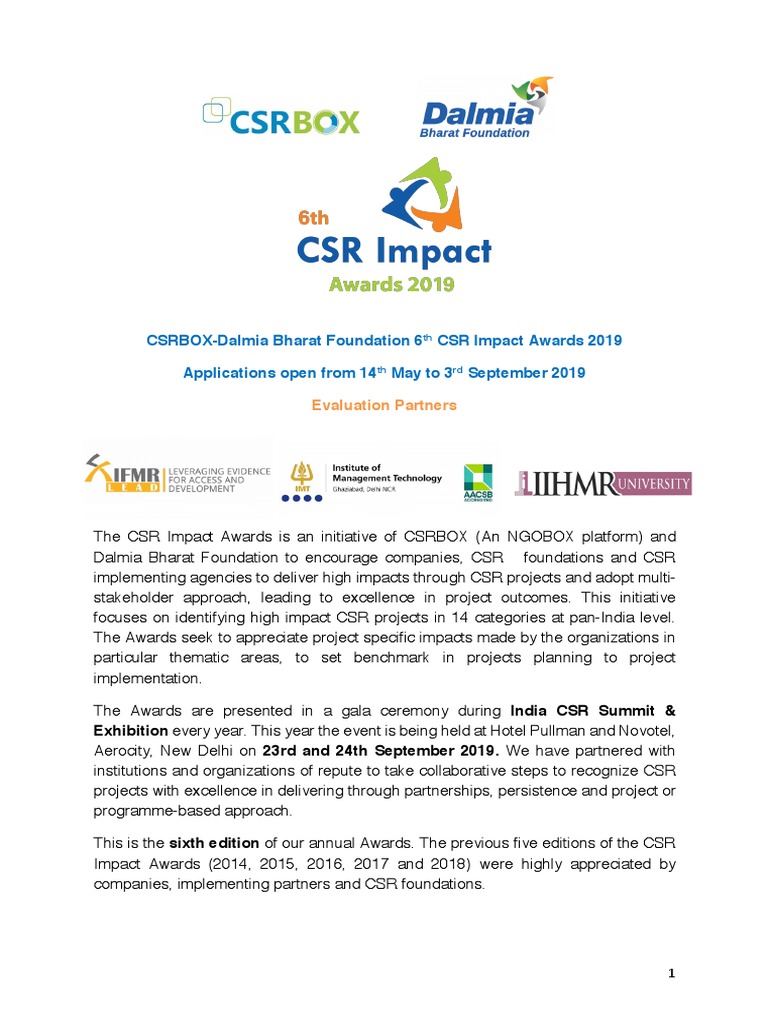 6th CSR Impact Awards 2019 Details | PDF | Corporate Social ...