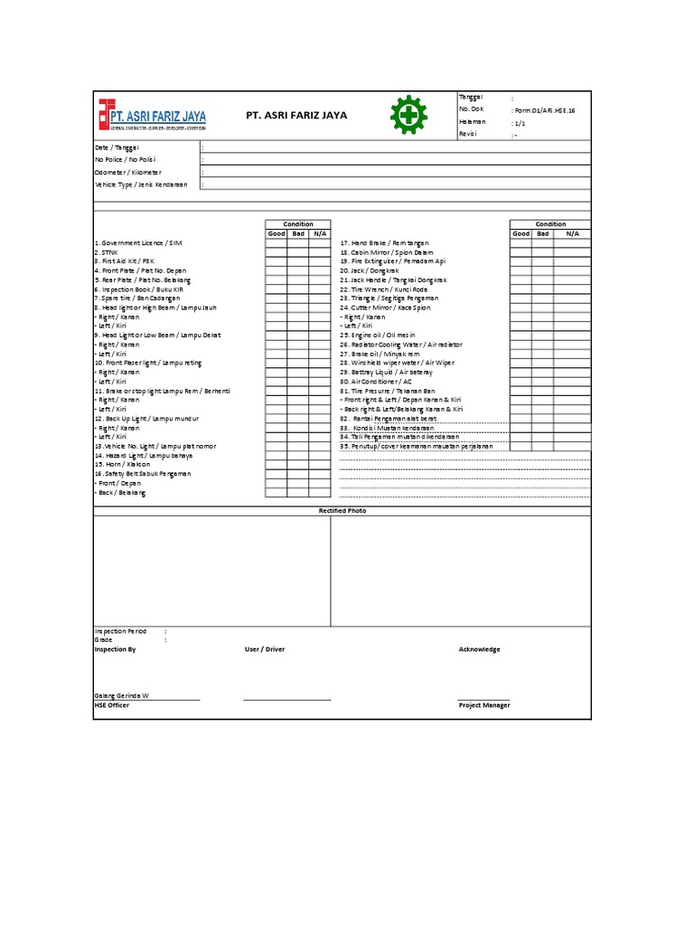 Form Pre Trip Inspection | PDF | Vehicle Parts | Transportation Engineering