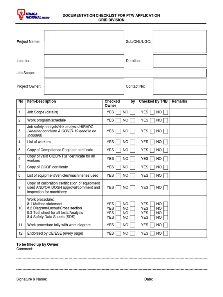 TNB - PTW Application Checklist | PDF