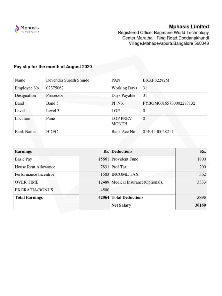 Pay Slip For The Month of August 2020: Mphasis Limited | PDF