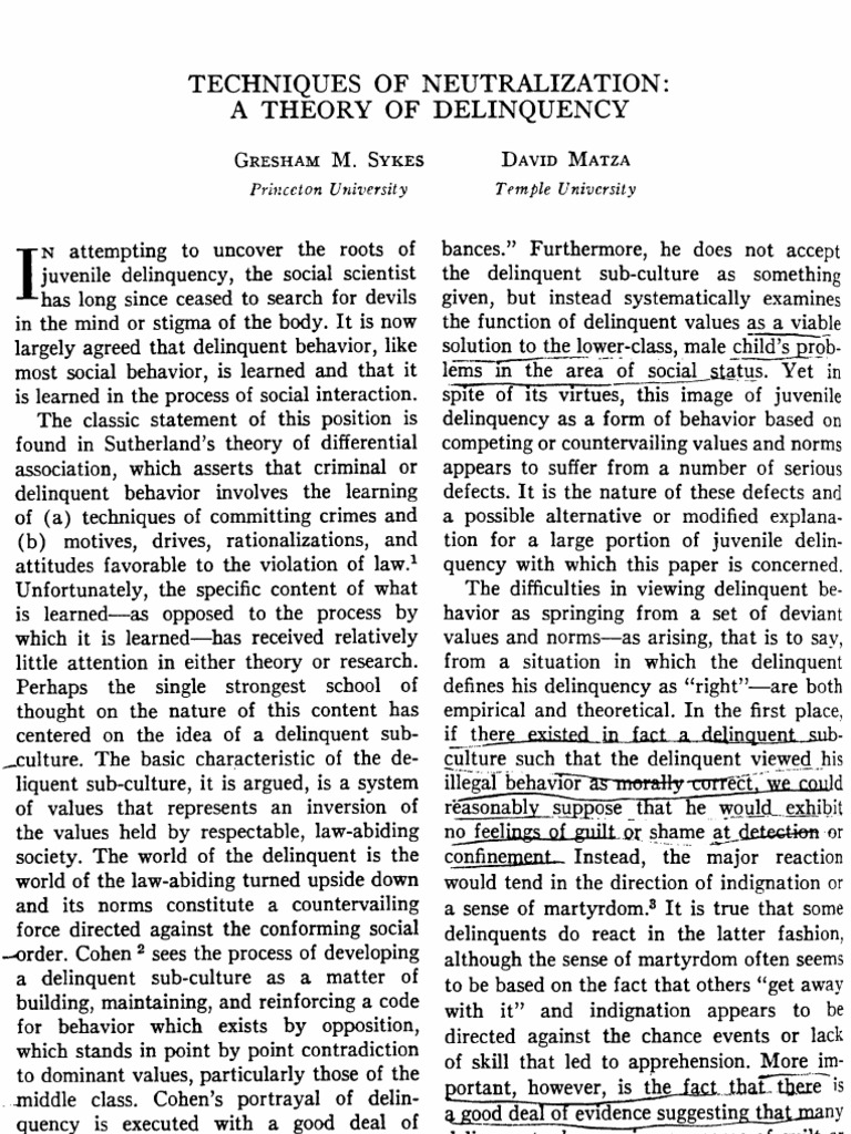 Sykes and Matza Neutralization | PDF | Deviance (Sociology) | Juvenile ...