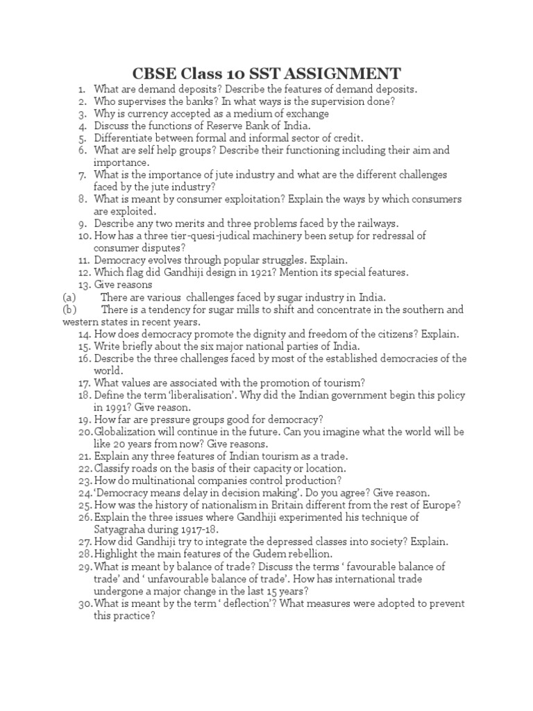 Class 10 SST Assignment Overview | PDF | Trade | Mahatma Gandhi