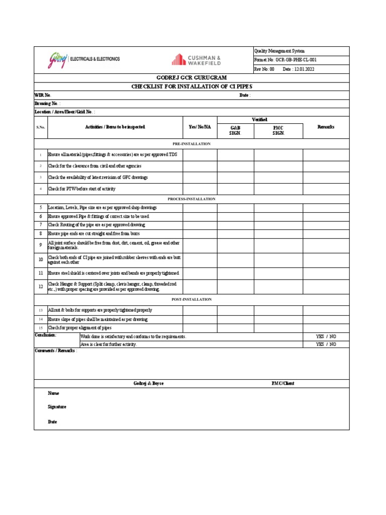 1A-Check List - CI Pipes - Installation | PDF | Pipe (Fluid Conveyance ...