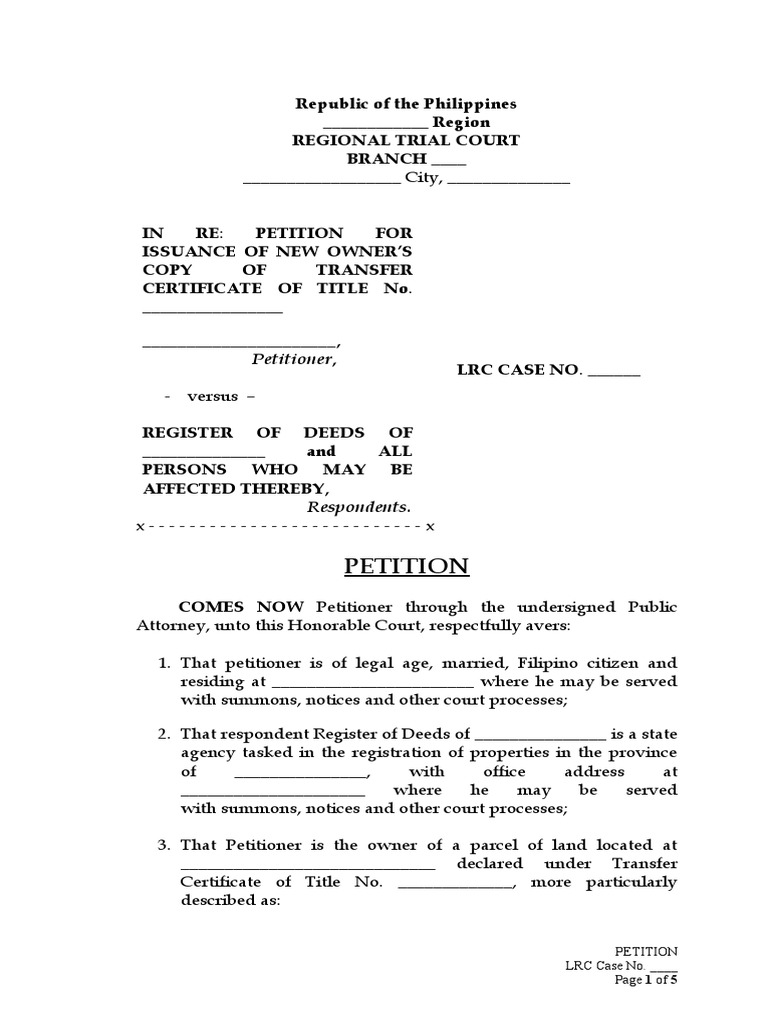 Petition For Issuance of New Owner's Copy of Transfer Certificate of ...