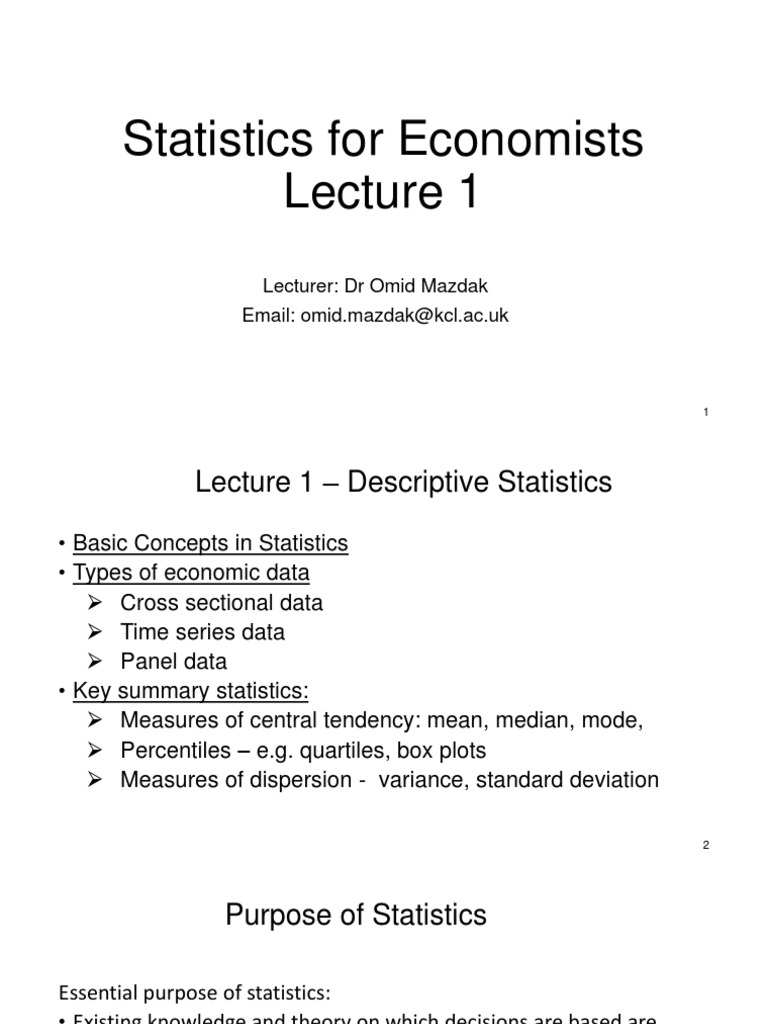 Lecture 1 - Statistics For Economics | PDF | Statistics | Mean