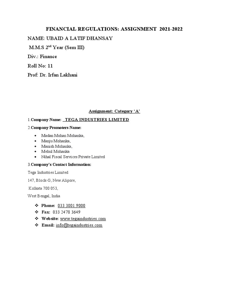 11 - UBAID DHANSAY Financial Regulation Assignment | PDF | Stocks | Joint Venture