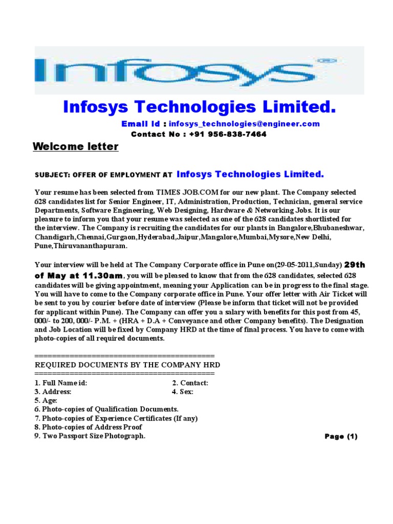 Infosys job offer letter details | PDF | Business