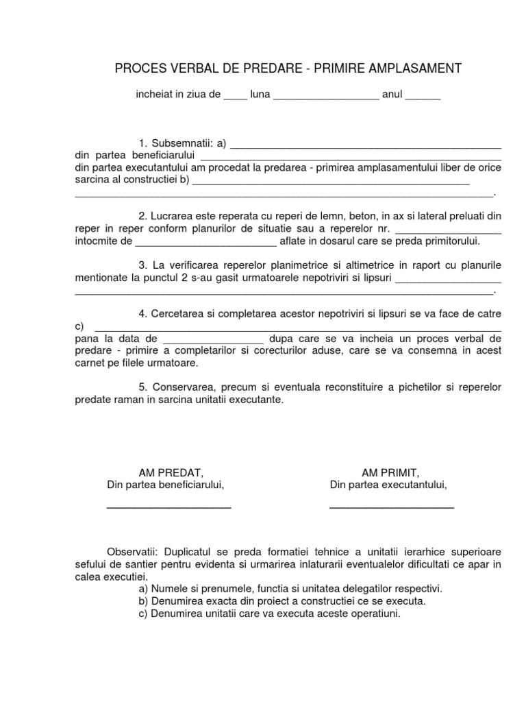 Model Proces Verbal Predare Primire – PFPLCP