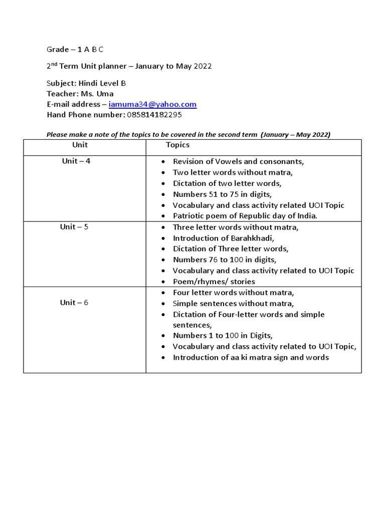 Grade 1 Second Term Syllabus | PDF