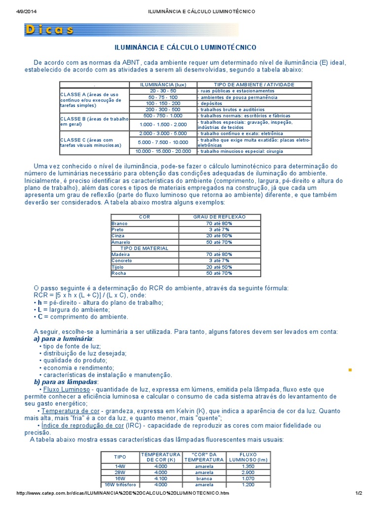 Iluminância e Cálculo Luminotécnico | PDF | Cor | Temperatura