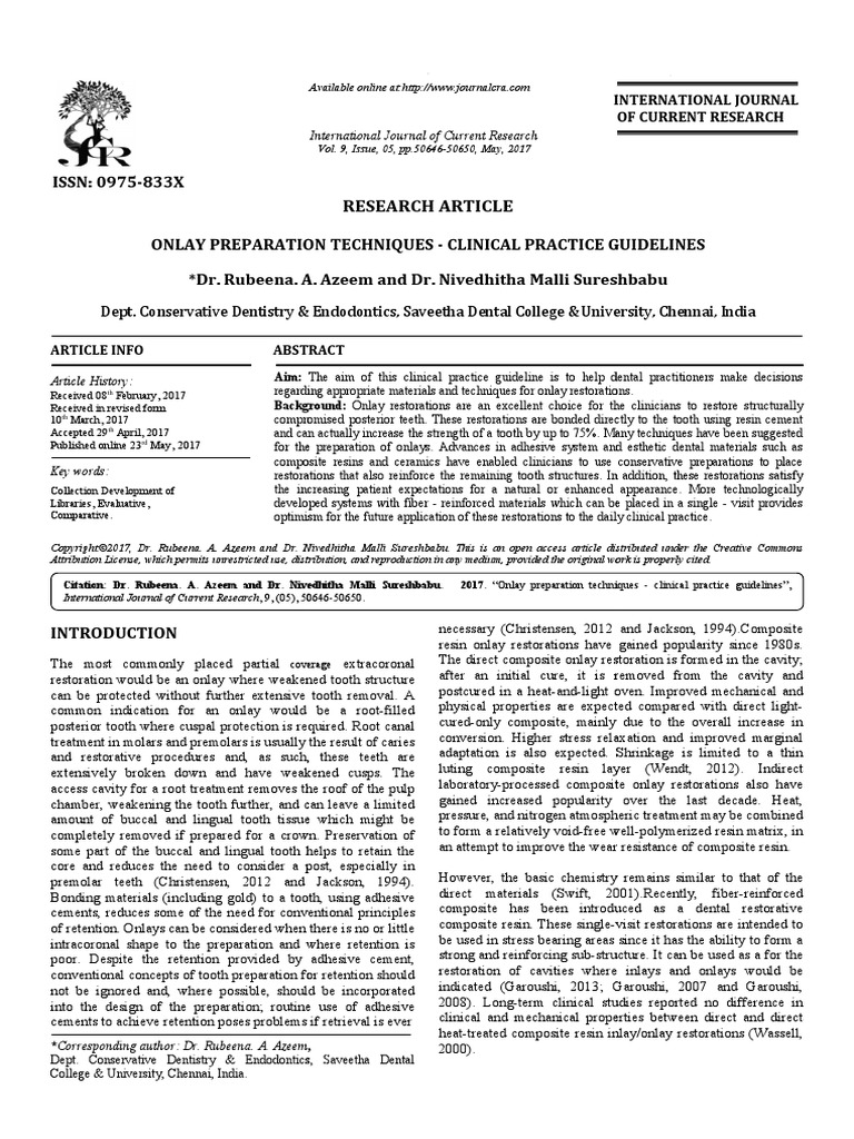 ONLAY PREPARATION TECHNIQUES A Clinical Practice Guidelines | PDF ...