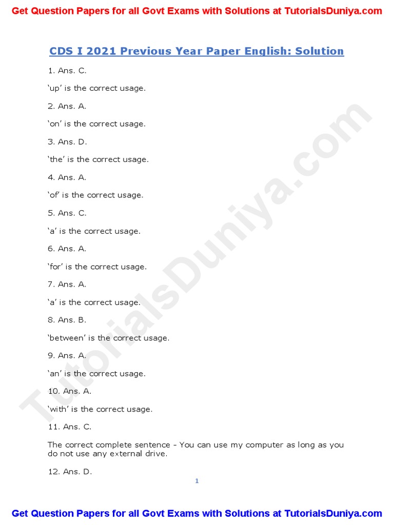 Solutions of CDS English Previous Year Question Paper 2021 | PDF | Verb ...