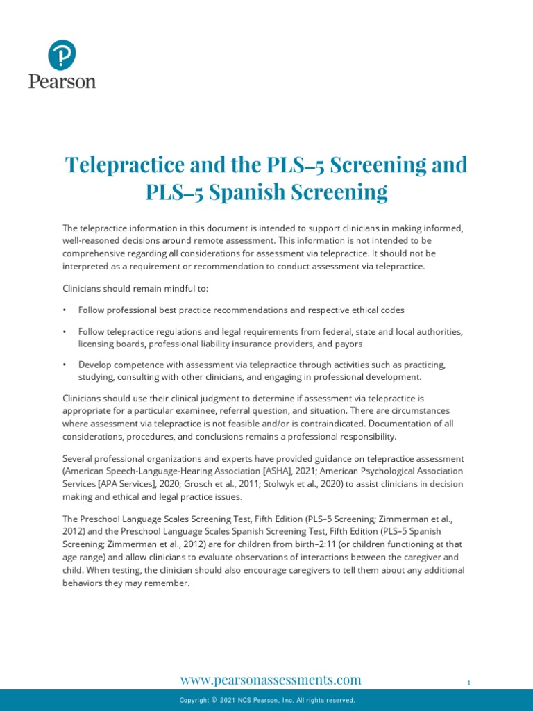 Telepractice and The Pls 5 Screening and Pls 5 Spanish Screening | PDF ...