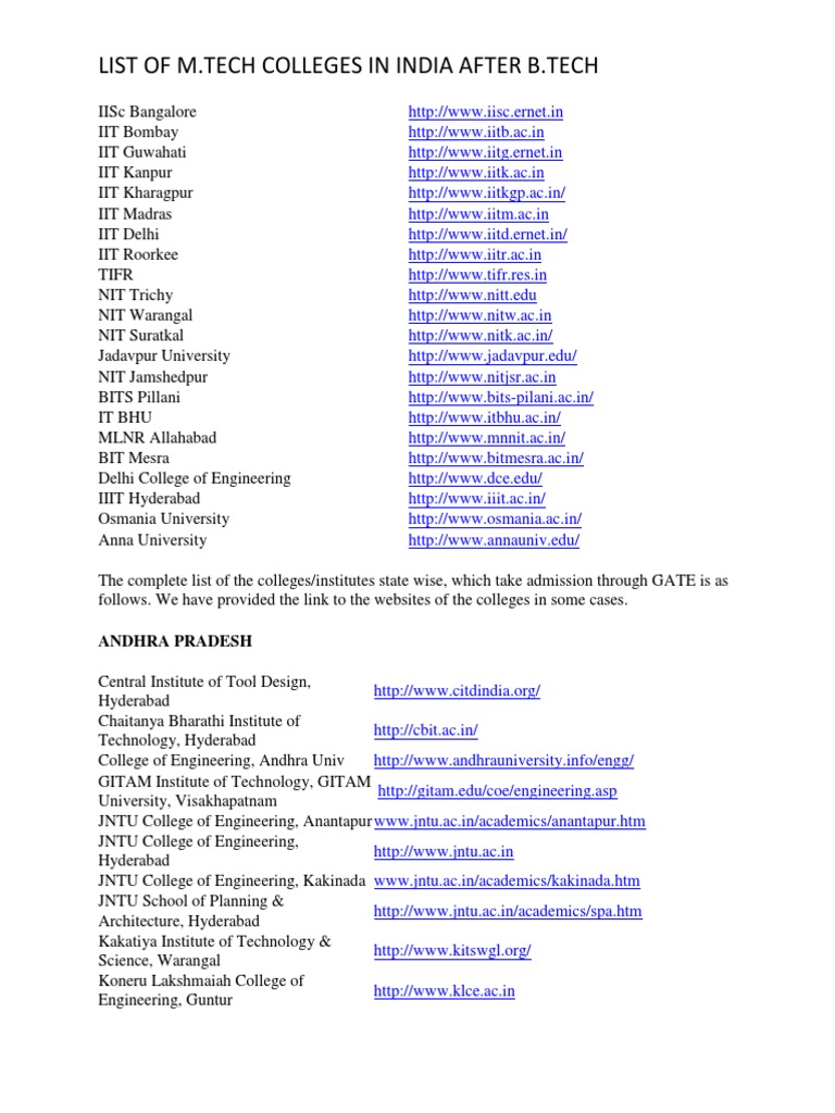 List of M.tech Colleges | PDF | Kolkata | Engineering