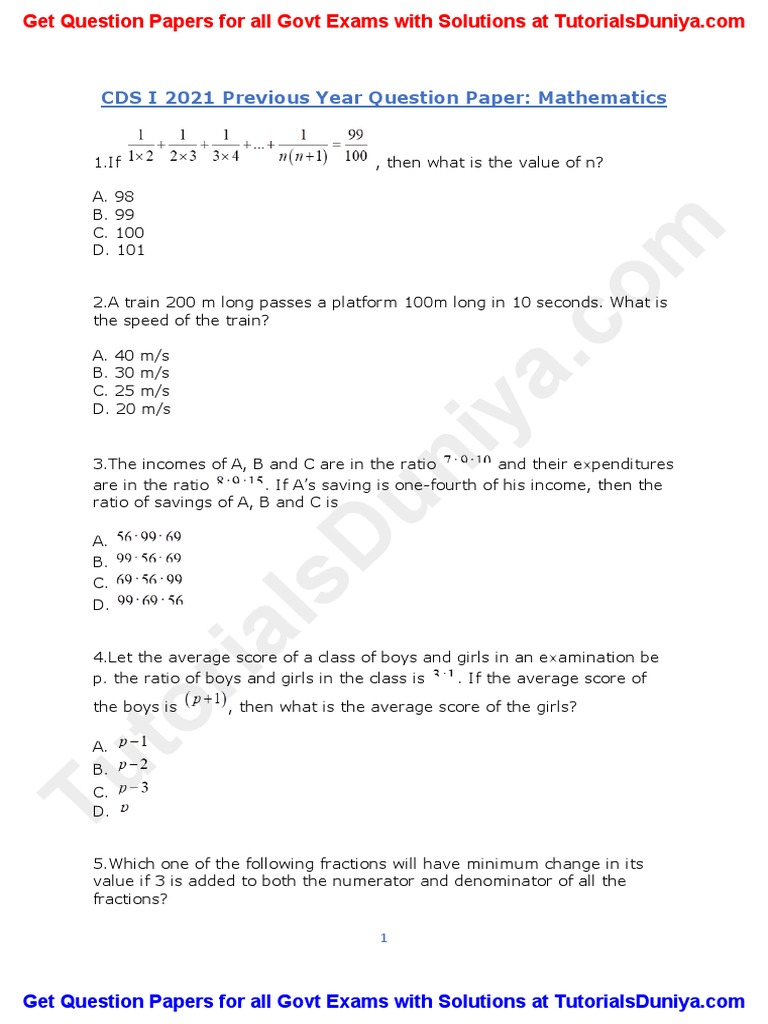 CDS Maths Previous Year Question Paper 2021 | PDF | Triangle | Circle