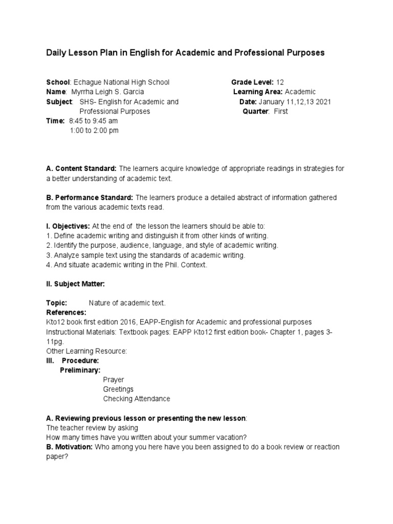 Daily Lesson Plan in English For Academic and Professional Purposes ...