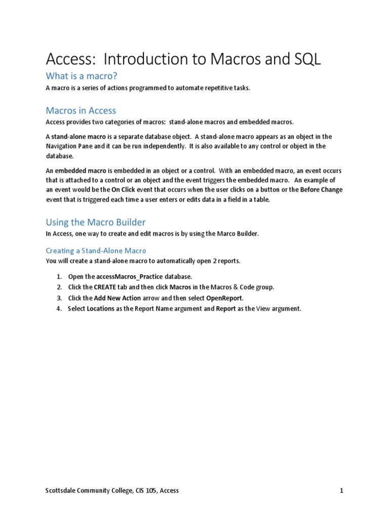 Access: Introduction To Macros and SQL: What Is A Macro? | PDF | Sql ...