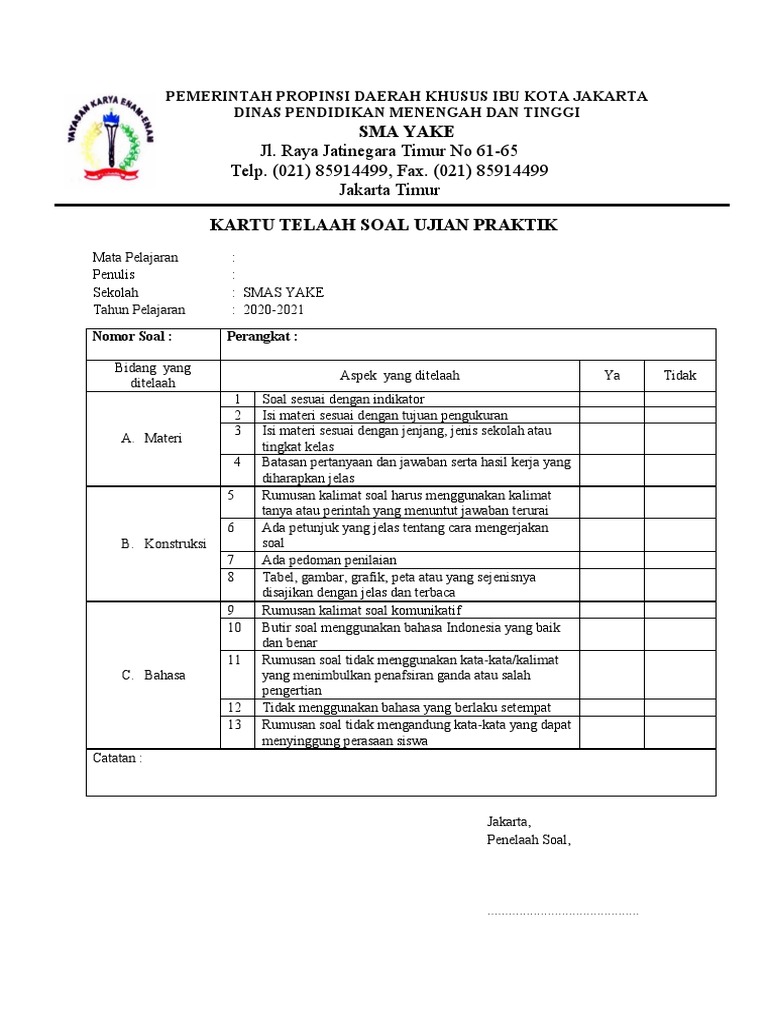 Format Kartu Telaah Soal Ujian Praktik 2020-2021 | PDF