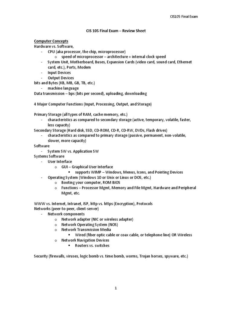 CIS 105 Final Exam - Review Sheet Computer Concepts | PDF | Computer Data Storage | Random ...