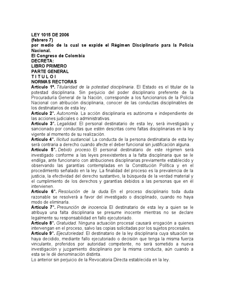 LEY 1015 DE 2006 - Régimen Disciplinario para La Policía Nacional | PDF | Policía | Disciplinas