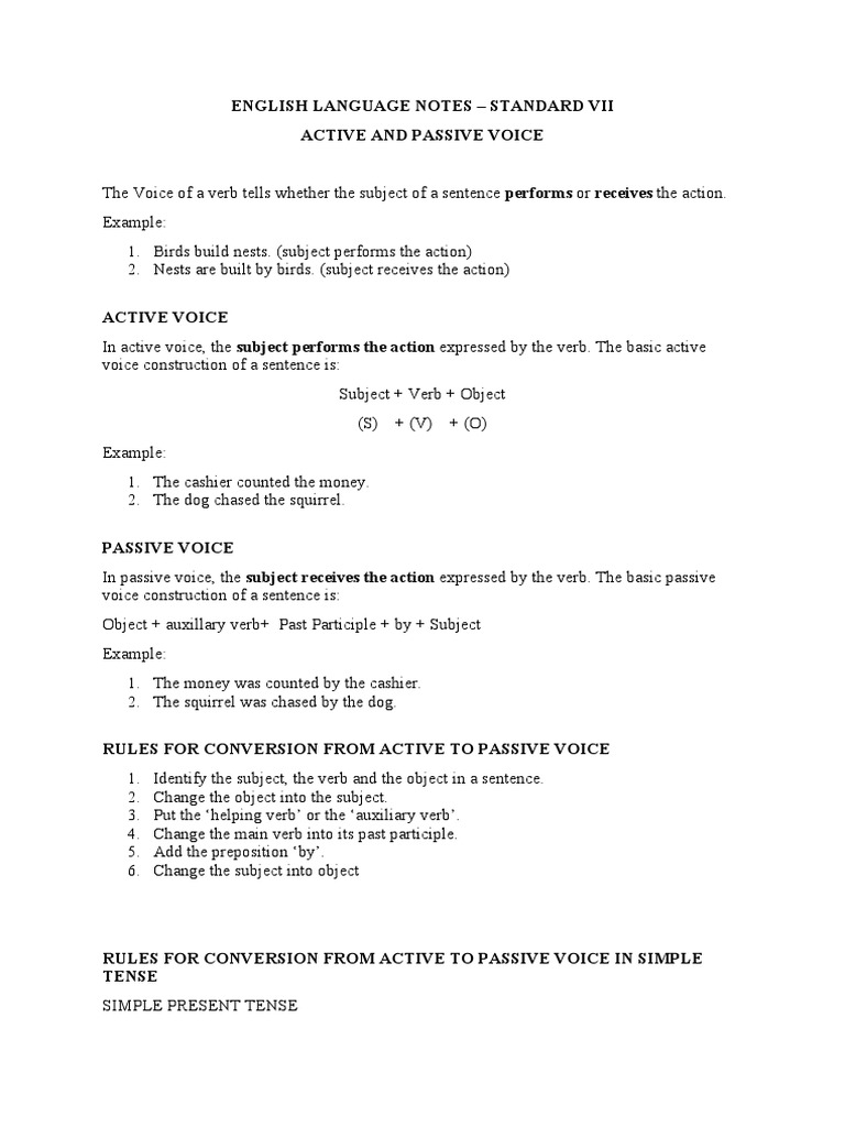 English Language Notes - Standard Vii Active and Passive Voice | PDF ...