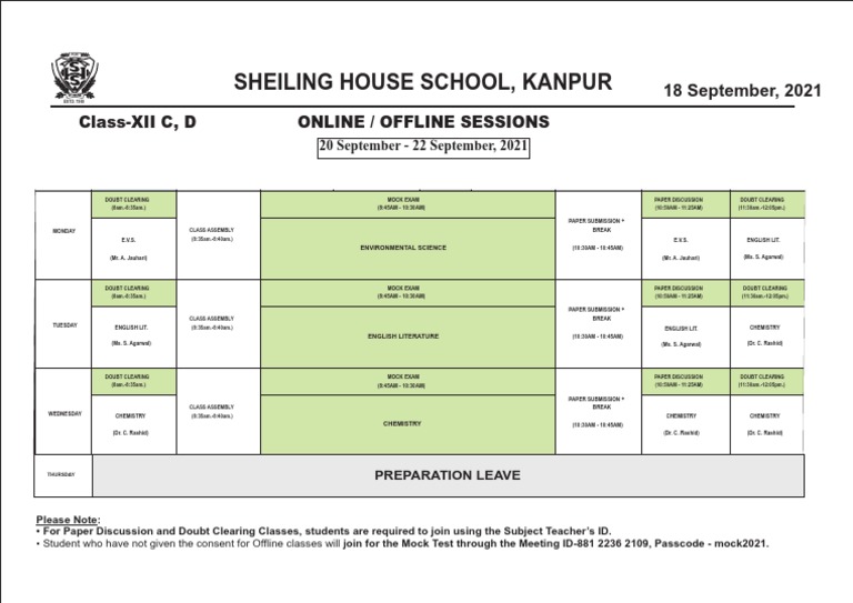 Sheiling House School, Kanpur: Online / Offline Sessions Class-XII C, D ...
