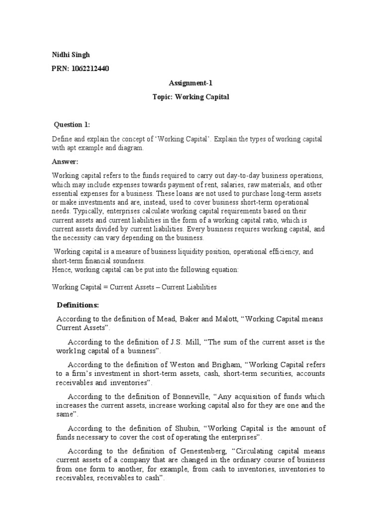 Nidhi Singh PRN: 1062212440 Assignment-1 Topic: Working Capital ...
