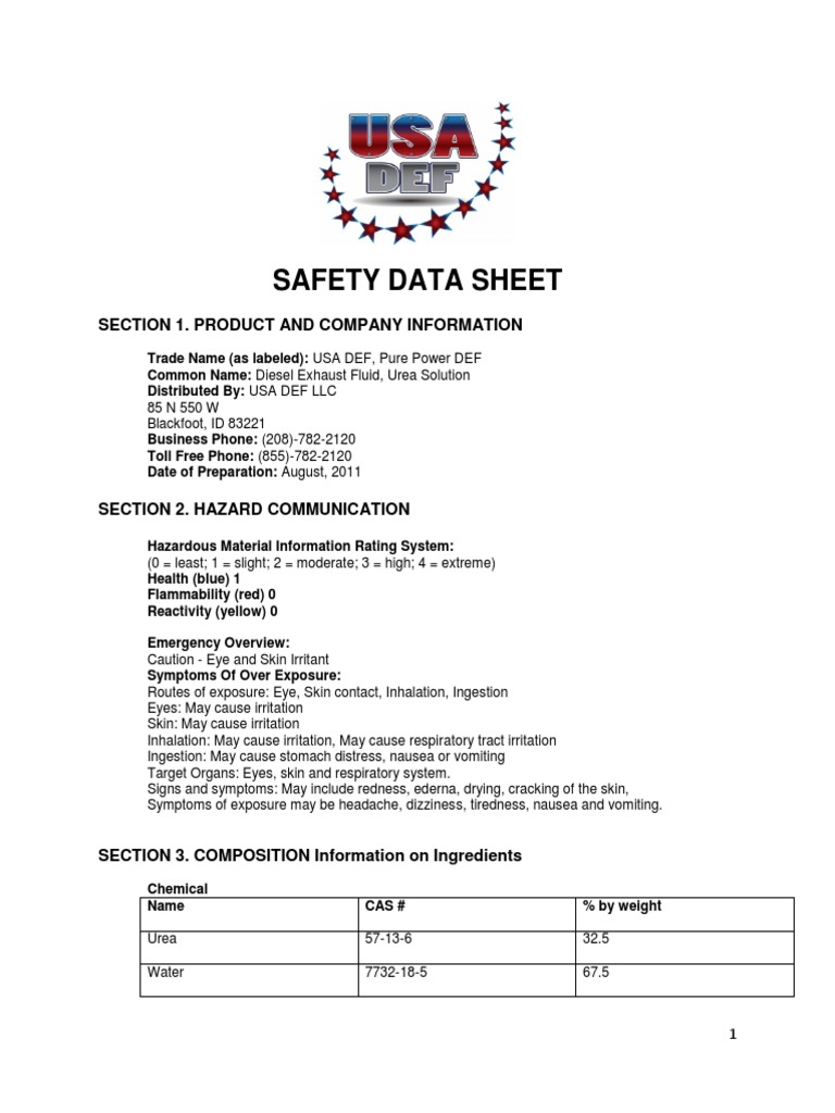 USA DEF - Safety Data Sheet | PDF | Water | Firefighting